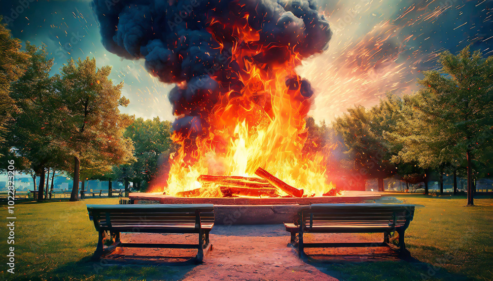 Bonfire in a park during twilight with flames reaching the sky and ...