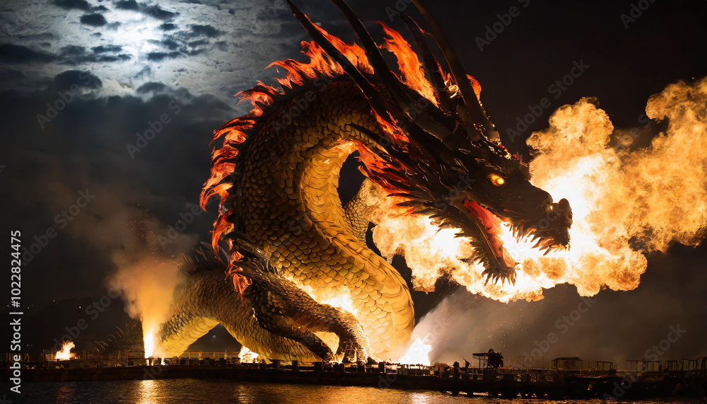 Giant dragon statue breathes fire at night near a river under a full ...