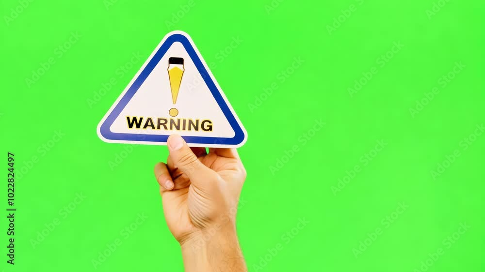 Hand holding triangular warning sign with exclamation mark on green ...