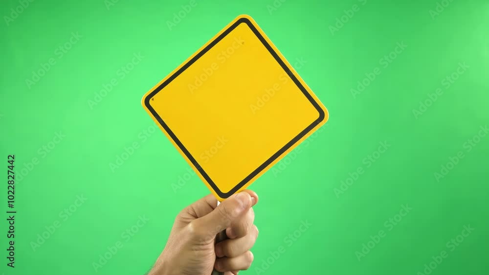 Hand holding yellow warning sign on green background, isolated caution ...