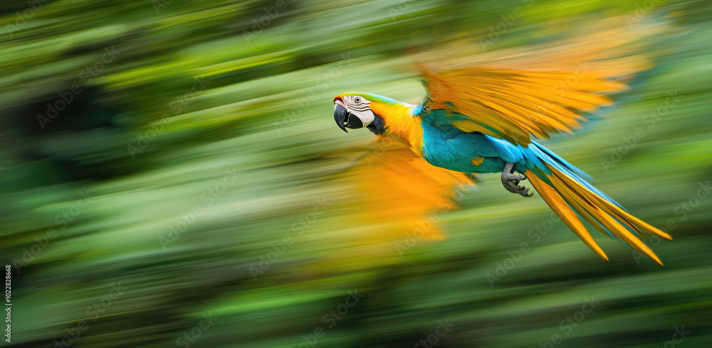 Beautiful blue and yellow macaw parrot flying in the air with spread ...
