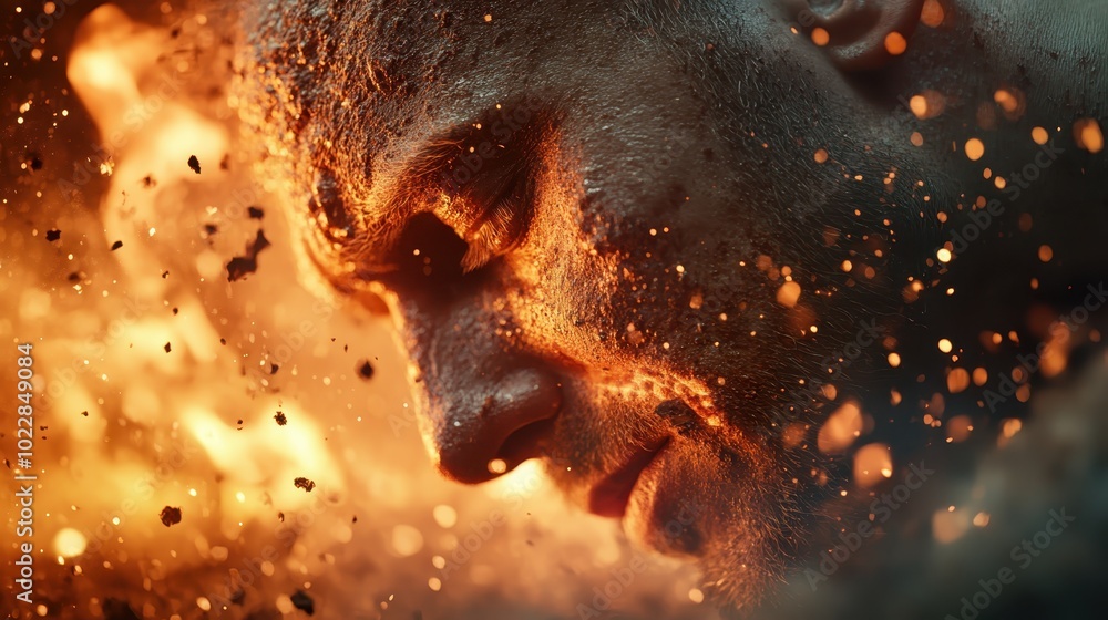 Depiction of a man dramatically engulfed by fiery explosion and burning ...