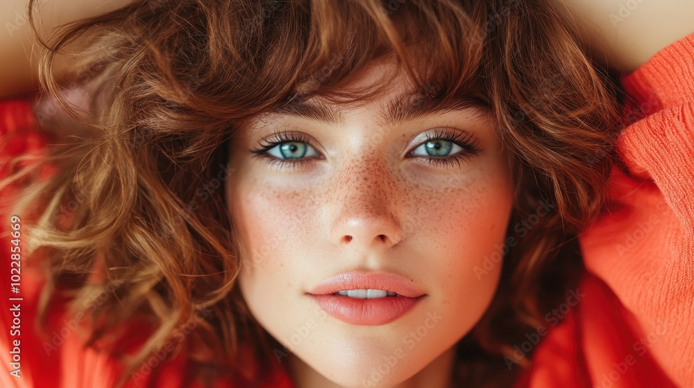 A close-up portrait of a young woman with freckles and curly hair ...