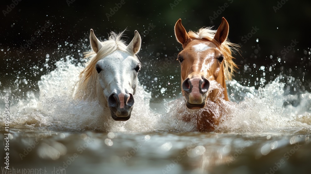Two majestic horses with manes flying gallop shoulder-to-shoulder ...