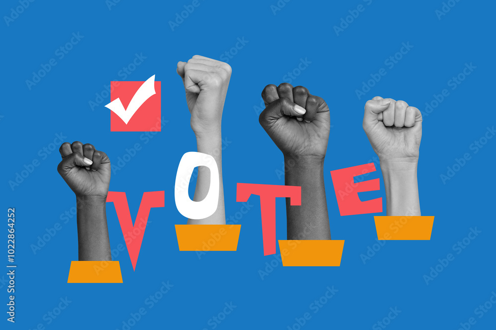 Composite photo collage of hands show fist gesture crowd people vote ...