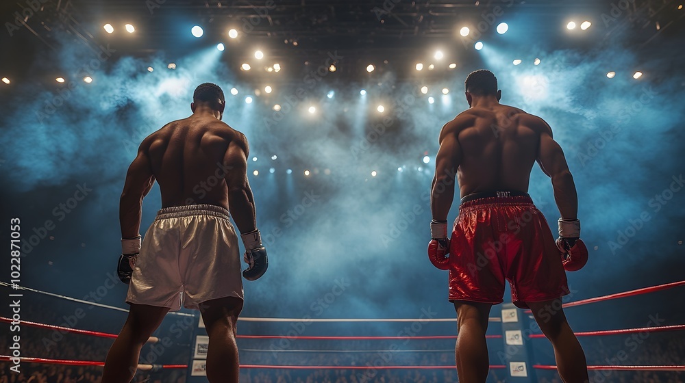Fighters squaring off under intense stadium lights in a circular ring ...