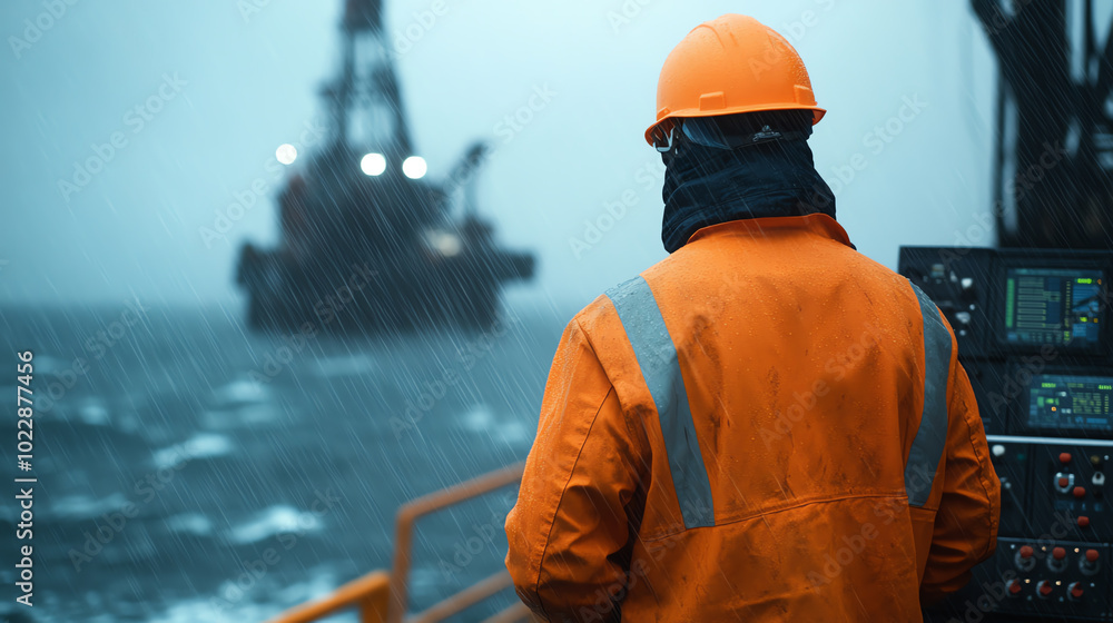 A worker in an orange safety suit and helmet observes a drilling rig in ...