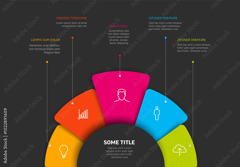 Dark Infographic template with fivecolor element options on bottom fan ...
