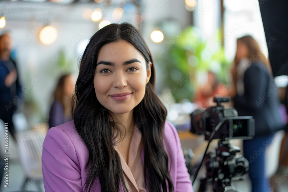 Portrait of an attractive female looking rather and smiling, wearing a ...