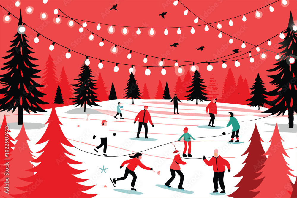 An outdoor ice skating rink in a snowy park with red trees, string ...
