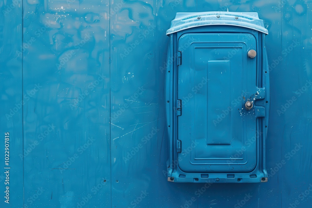 Blue portable restroom mounted on a bright blue wall in an urban ...