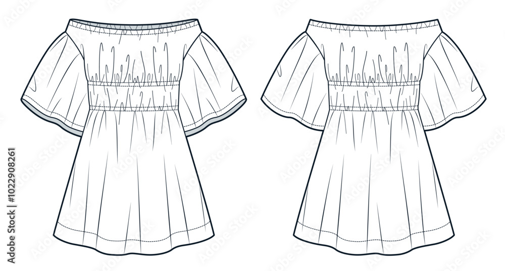 Mini Dress technical fashion Illustration. Flared Sleeve Dress fashion flat technical drawing ...
