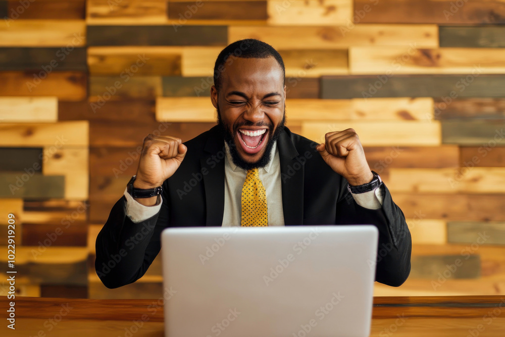 Black man at laptop rejoicing success. Excited joyful man in suit ...