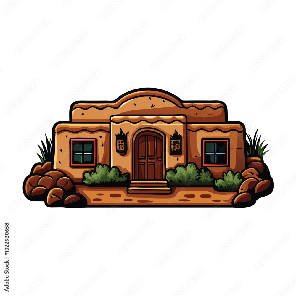 A traditional adobe house with rounded corners, featuring a wooden door ...