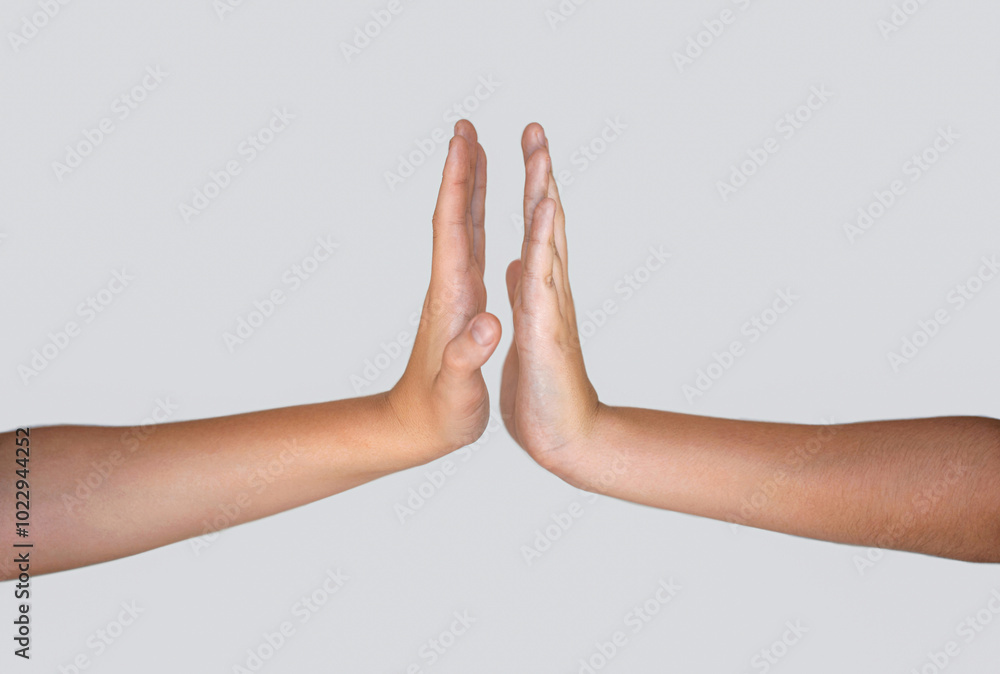 Two hands gestures. Giving high five. Two hands, male and man. High ...