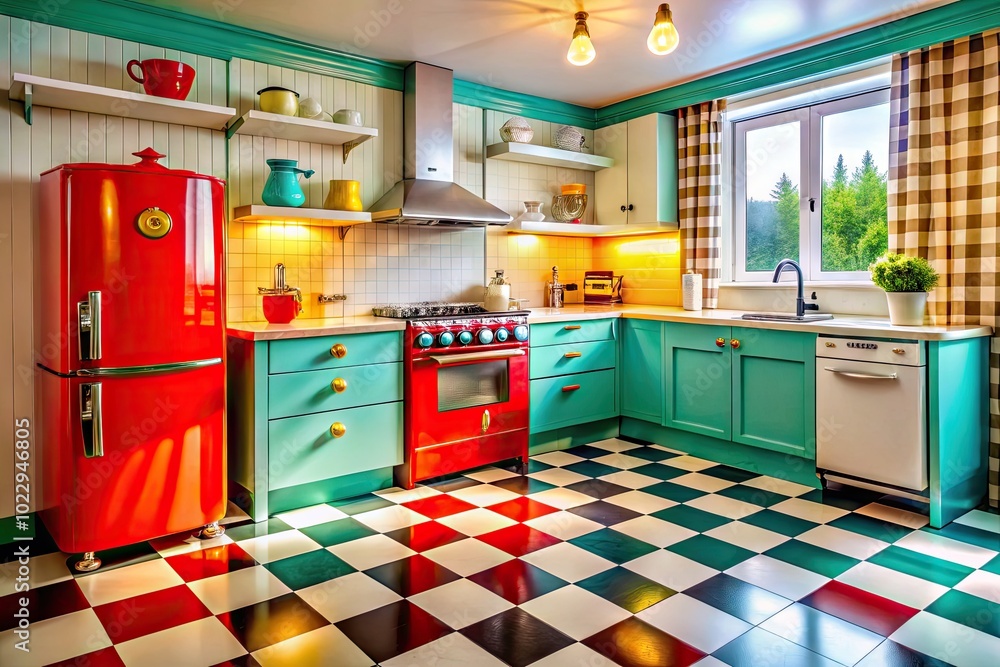 Nostalgic 1950s Kitchen Design Featuring Retro Appliances, Checkerboard ...
