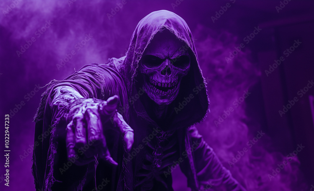 A violet grim reaper in a hooded cloak extends a finger toward the viewer, its skeletal face ...