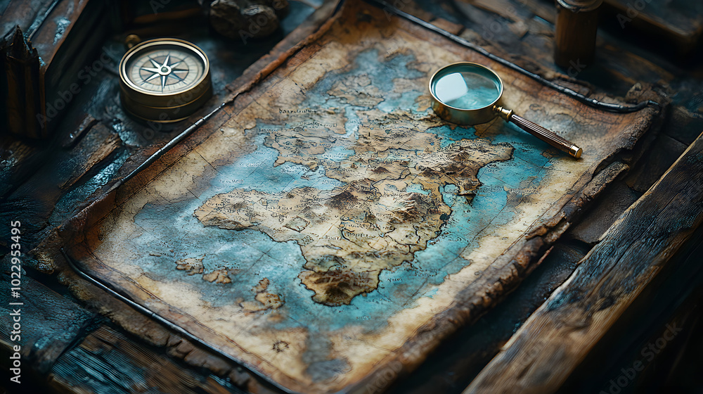 A Treasure Map with an Old-Fashioned Compass Magnifying Glass ...