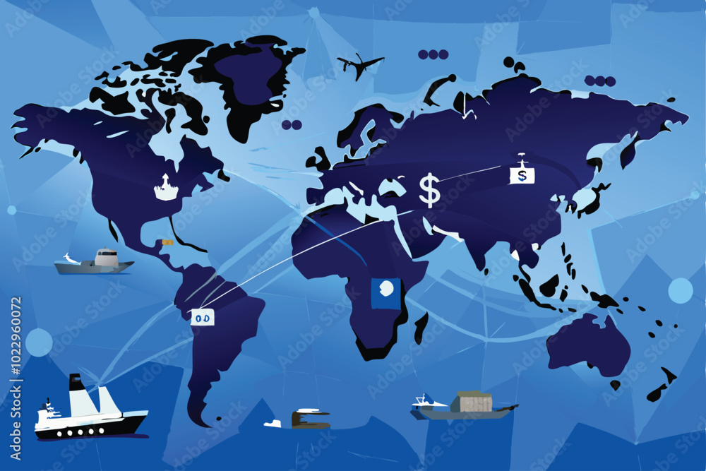 Vector illustration of global trade with world map, ships, airplanes ...