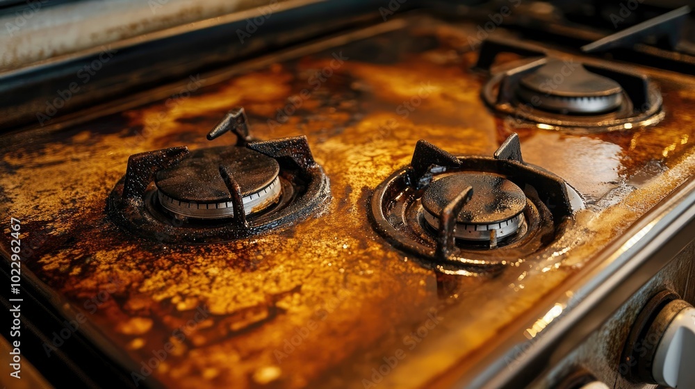 Greasy, dirty stove, focus on buildup around burners and stained metal ...