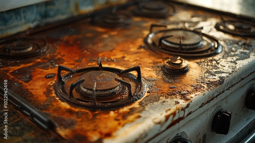Greasy, dirty stove, focus on buildup around burners and stained metal ...