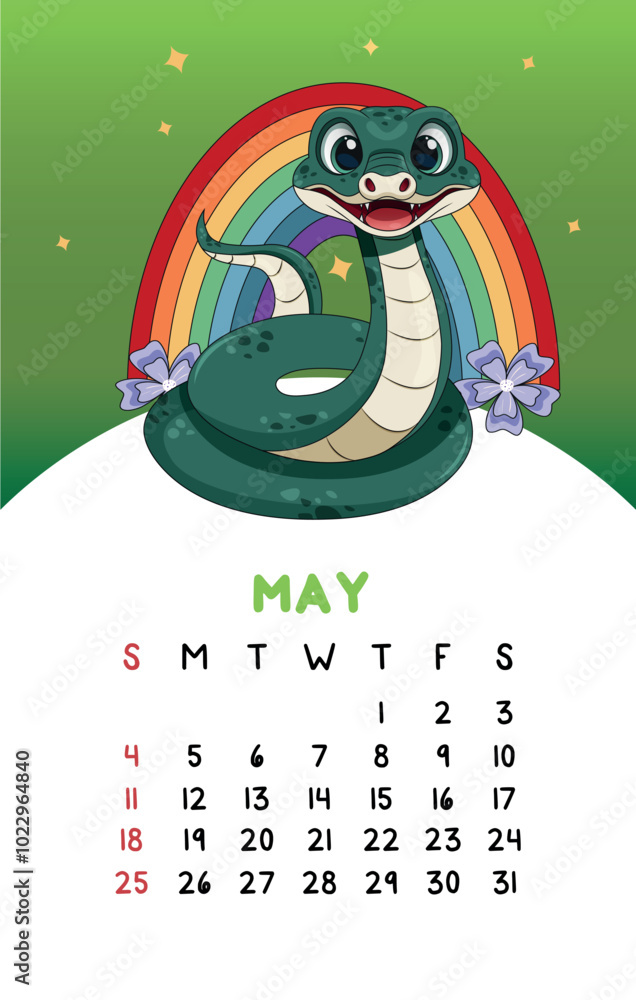 Vector vertical cute May calendar 2025 year with cartoon green snake ...