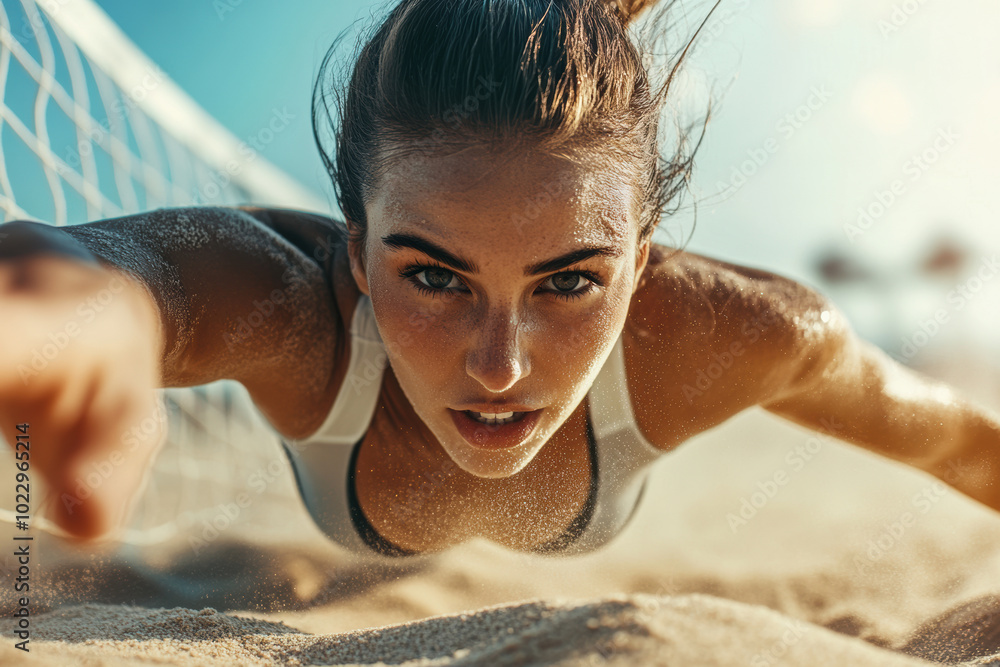 Determined Beach Volleyball Player Diving in the Sand, Close-up of a ...