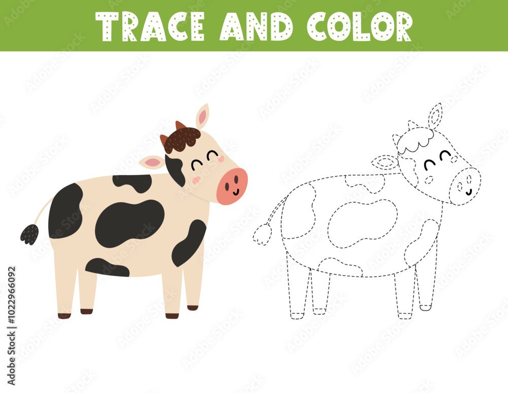 Trace and color game for kids with a cute cow. Activity page with a ...