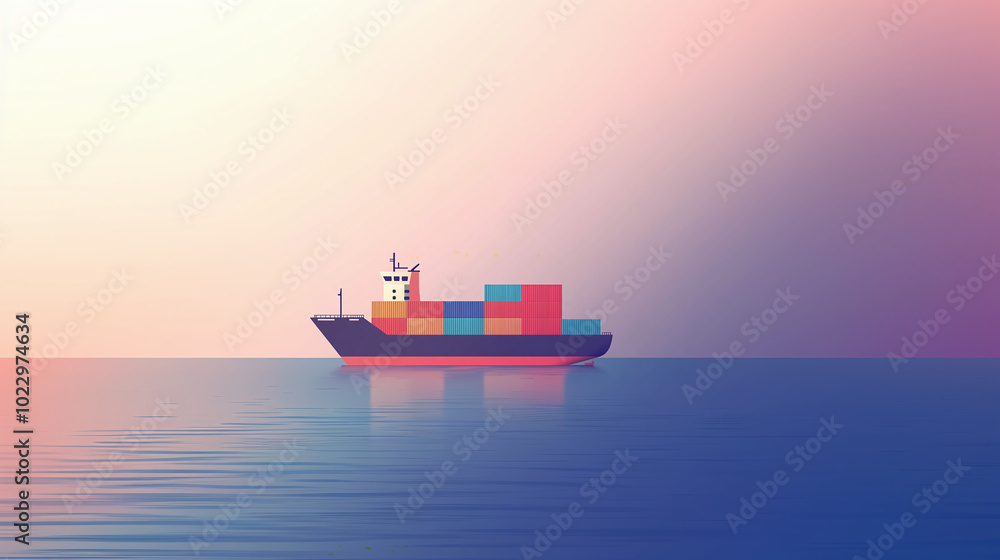 panorama of a large cargo ship in the sea 2d illustration shape looks ...