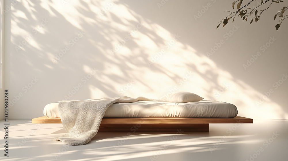 Side view of a low-profile bed frame with a single blanket folded at ...