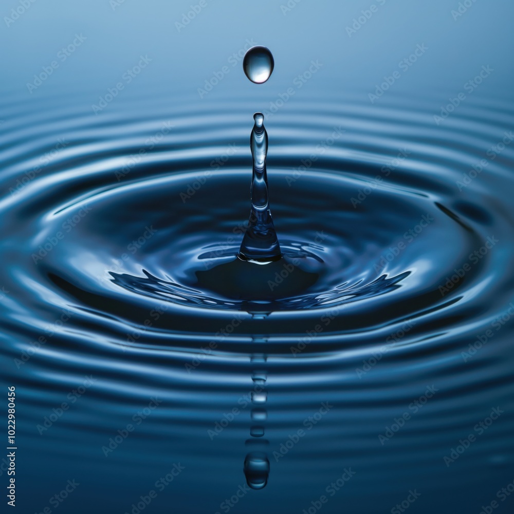 Water drop falling to liquid surface and creating splashes and ripple ...