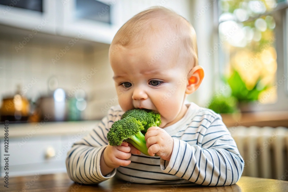 Healthy baby food. The first meal. Feeding the baby. A cute kid tastes ...