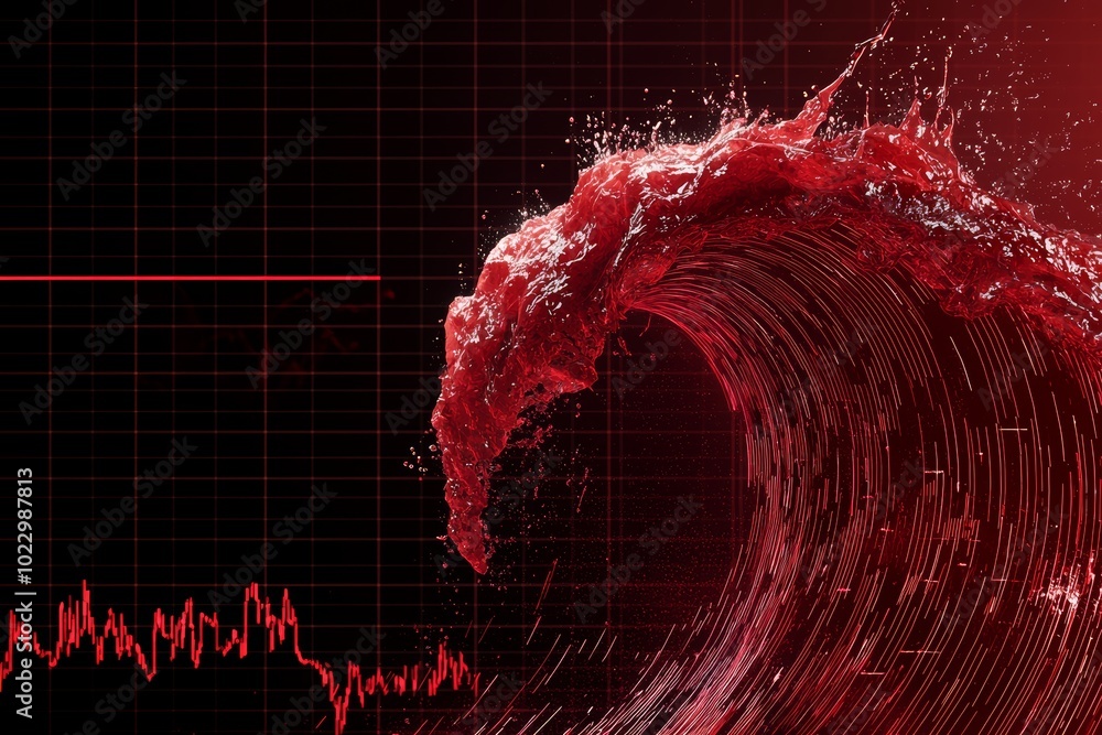 A red tsunami sweeping across a digital stock chart, washing away all ...