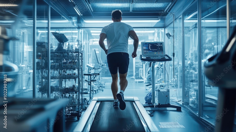 An image shows a guy athlete in a medical laboratory, jogging on a ...