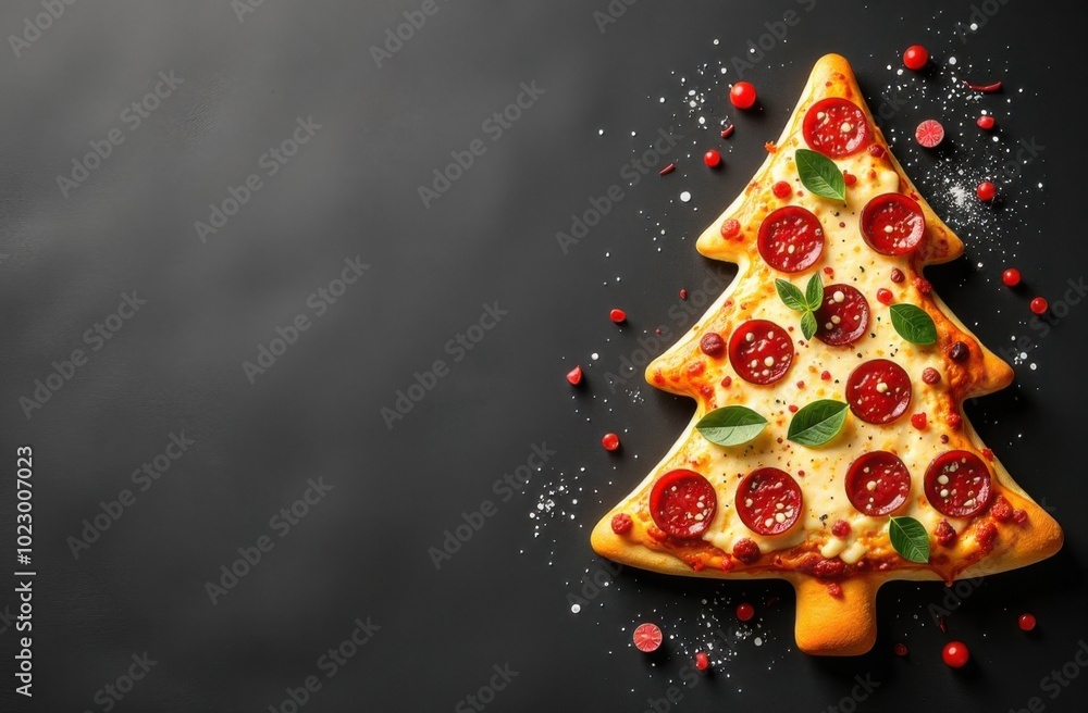 Christmas tree shaped pizza decorated with basil on dark background ...