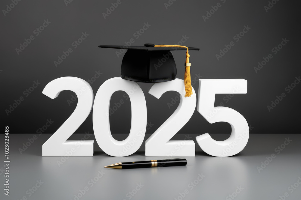 Graduation cap on numbers 2025 on grey background. Congratulation ...