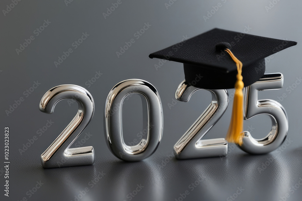 Graduation cap on numbers 2025 on grey background. Congratulation ...