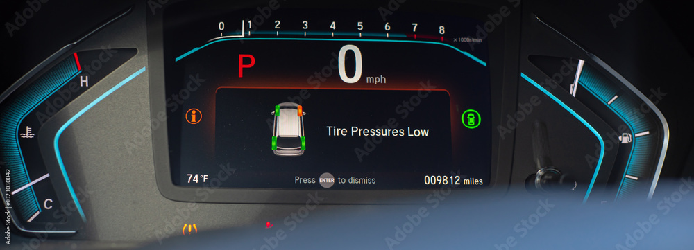 Panorama view tire pressure low indicator display on instrument panel ...