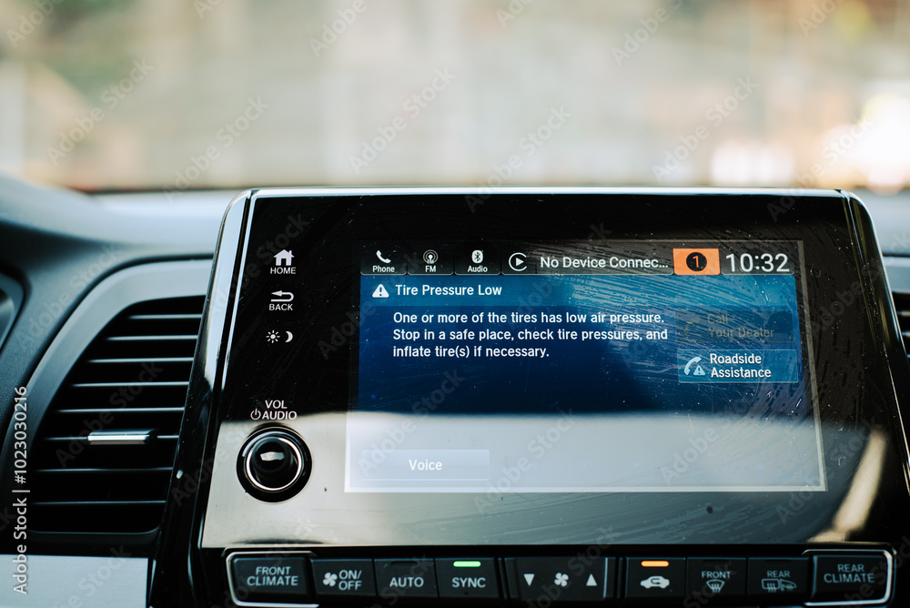 Indicator lights and message on LED display screen for tire pressure ...