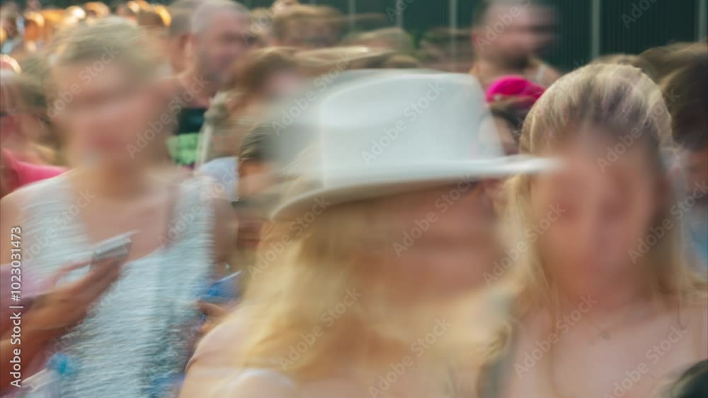 Close-up time-lapse unrecognizable blurry huge crowd of people crossing ...