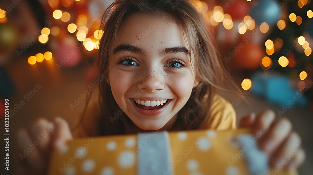 POV inside a birthday gift box, teenage girl gasping with joy, hands ...