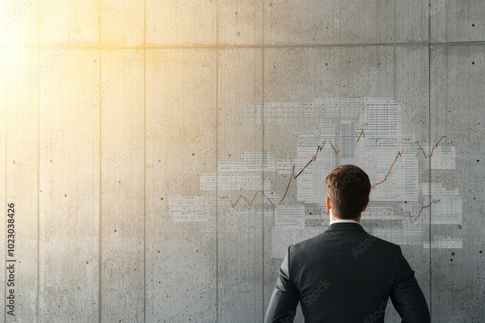 Back view of a man brainstorming, staring at a wall covered in notes ...