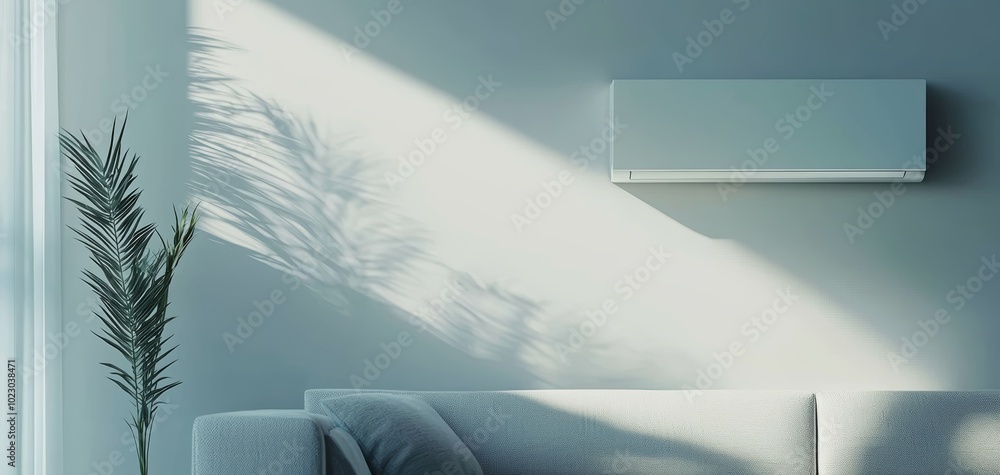 Blue airflow from wall-mounted air conditioner, serene living room ...