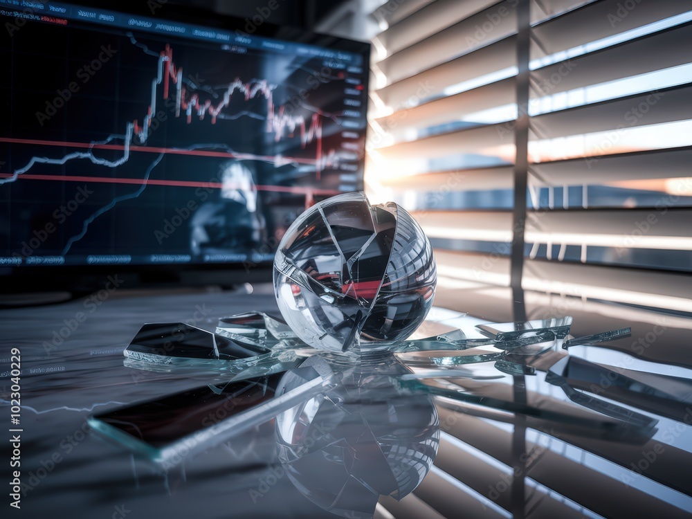 A broken crystal ball reflecting chaotic stock market chart on computer ...