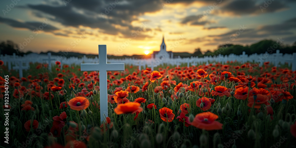 White crosses in field of red poppies at sunset. 11 November and 25 ...