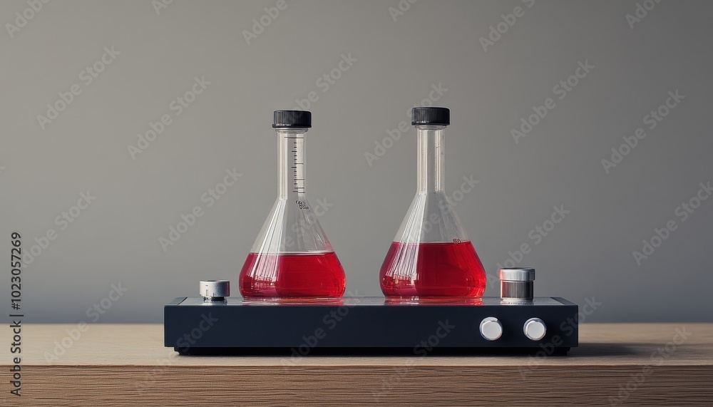 Precise titration setup with two flasks and a stirring plate in a ...