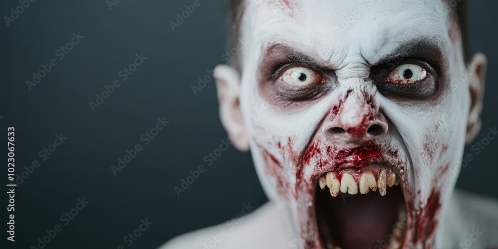 A frightening zombie with pale skin and bloodied face, howling in ...