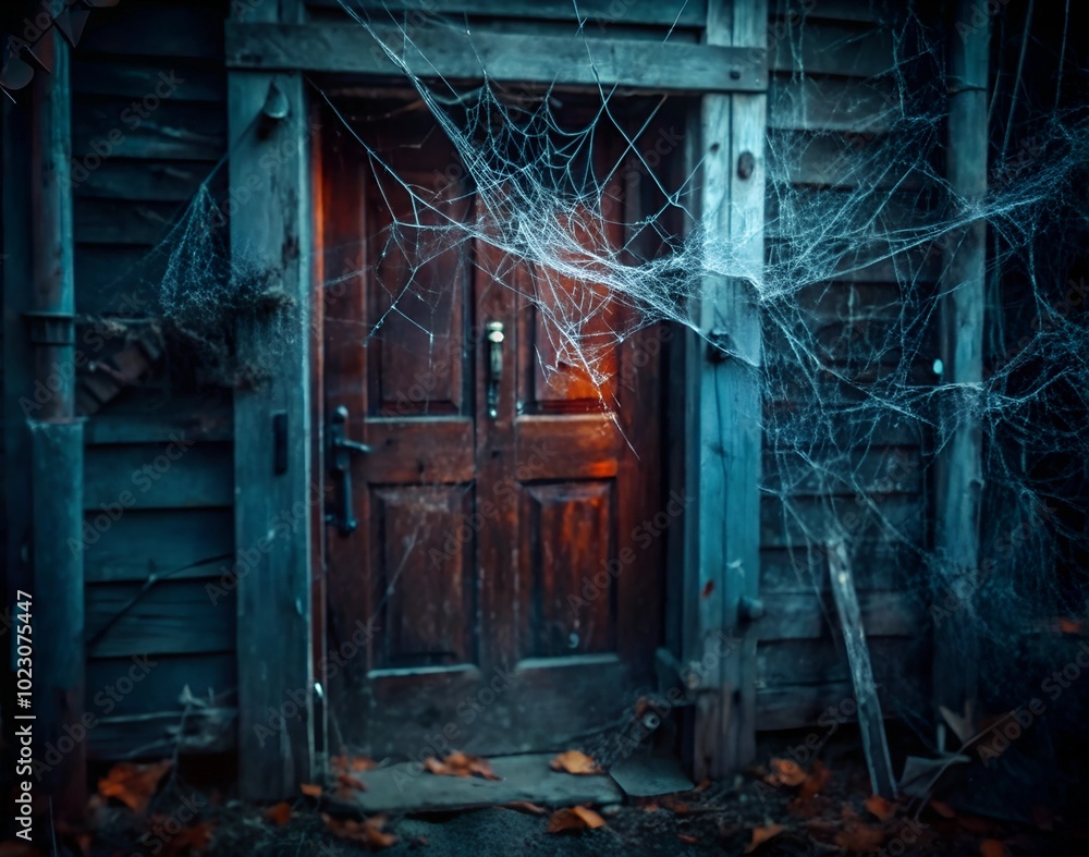 Halloween concept. An old door in a scary abandoned house, cobwebs ...