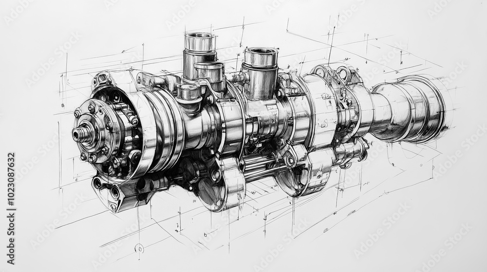 Pencil sketch of an internal combustion engine (ICE), featuring ...