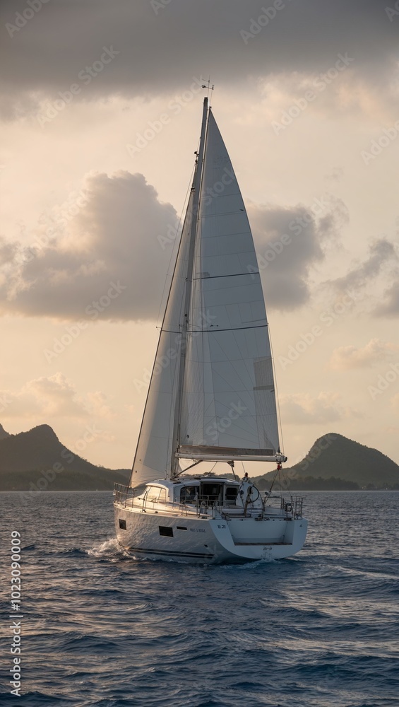 Sailboat on horizon with tropical island backdrop background for ...